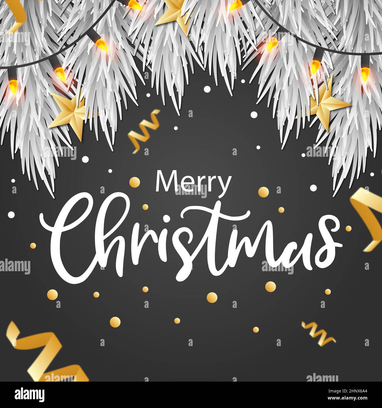 Christmas background with shining New Year garlands. Lettering Merry ...