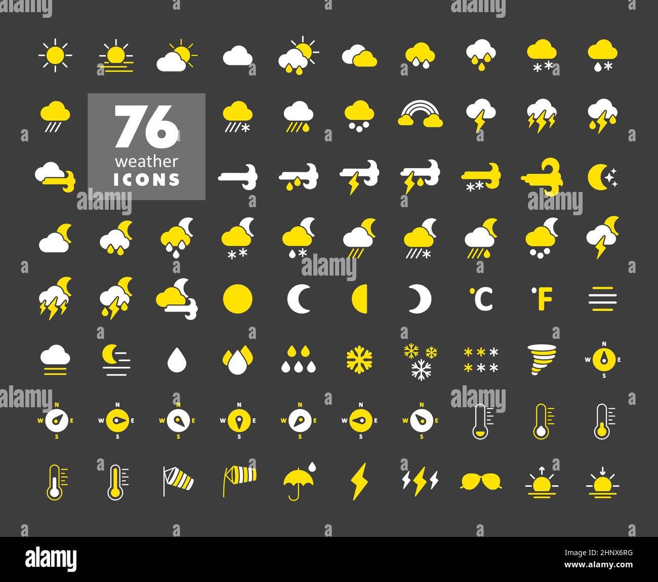 Vector weather forecast icon set on dark background. Meteorology sign ...