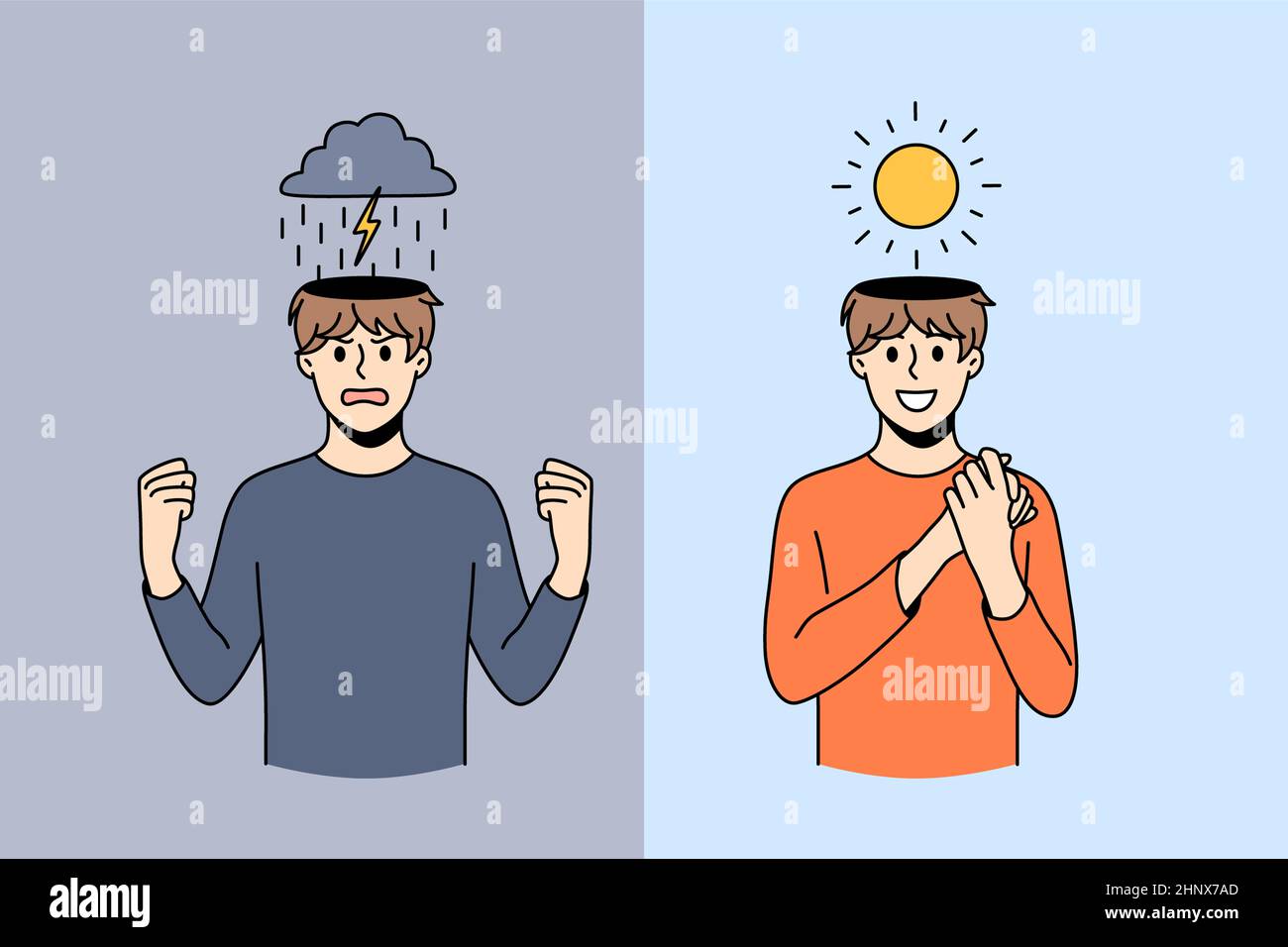 Contrasts of human mood concept. Young man cartoon character having ...