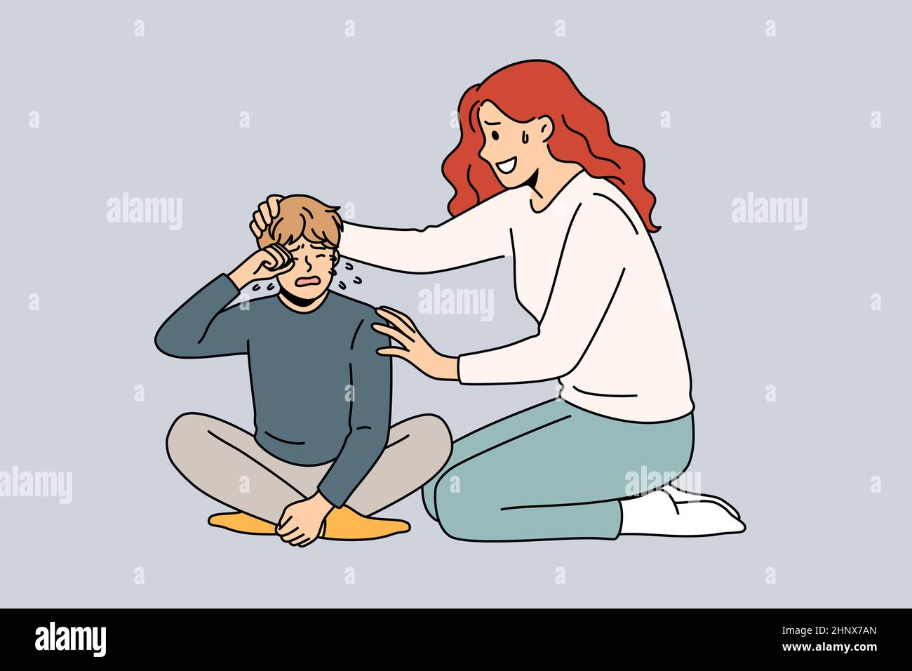 Consoling and communication with children concept. Young loving woman ...