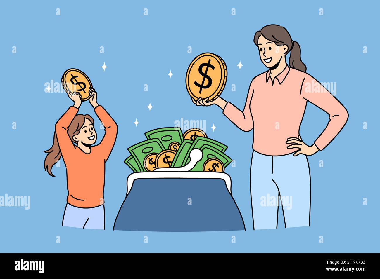 Wealth savings and budget concept. Smiling happy mother and daughter ...