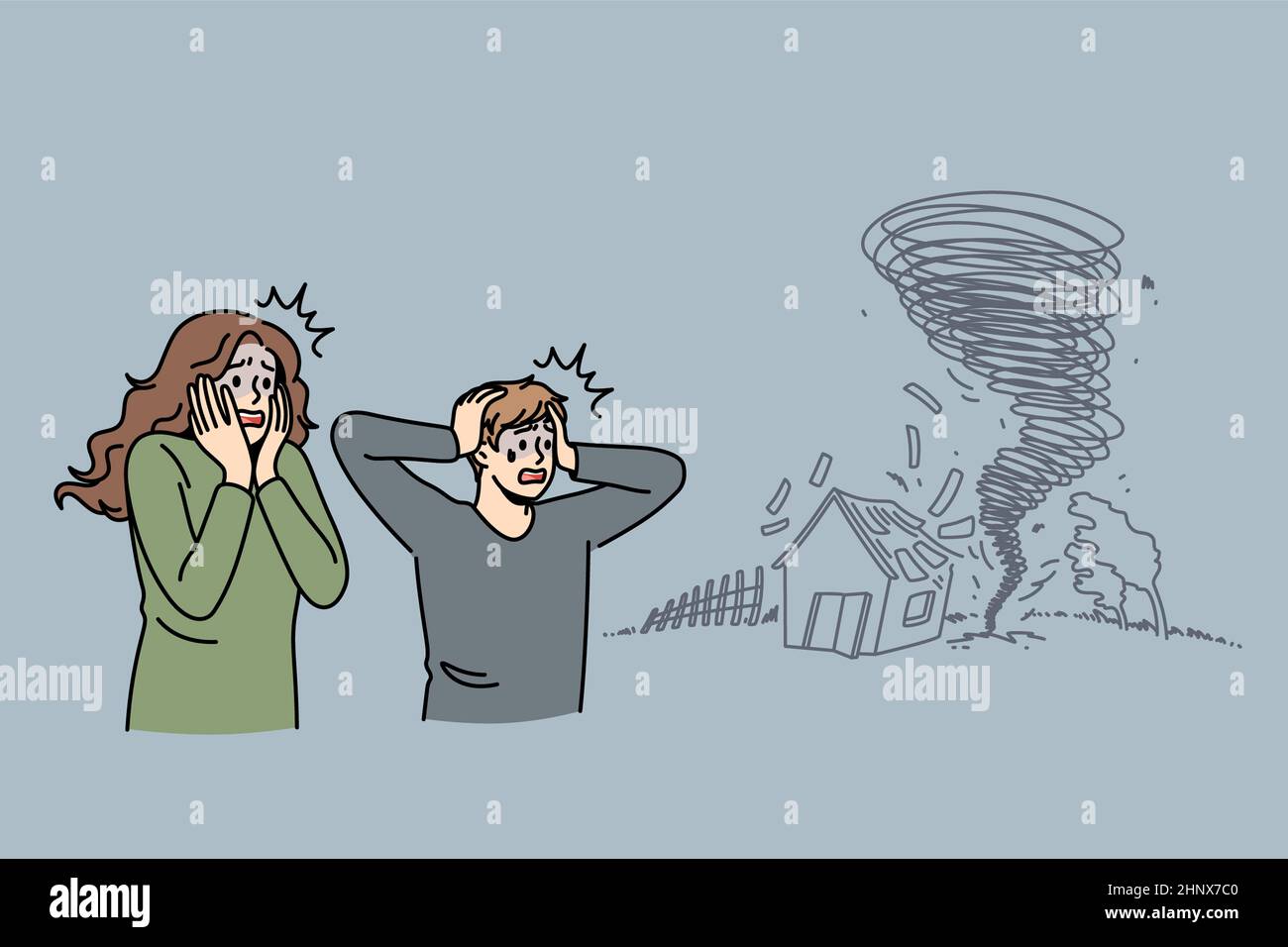 Natural disaster and tornado concept. Sad stressed frightened man and ...