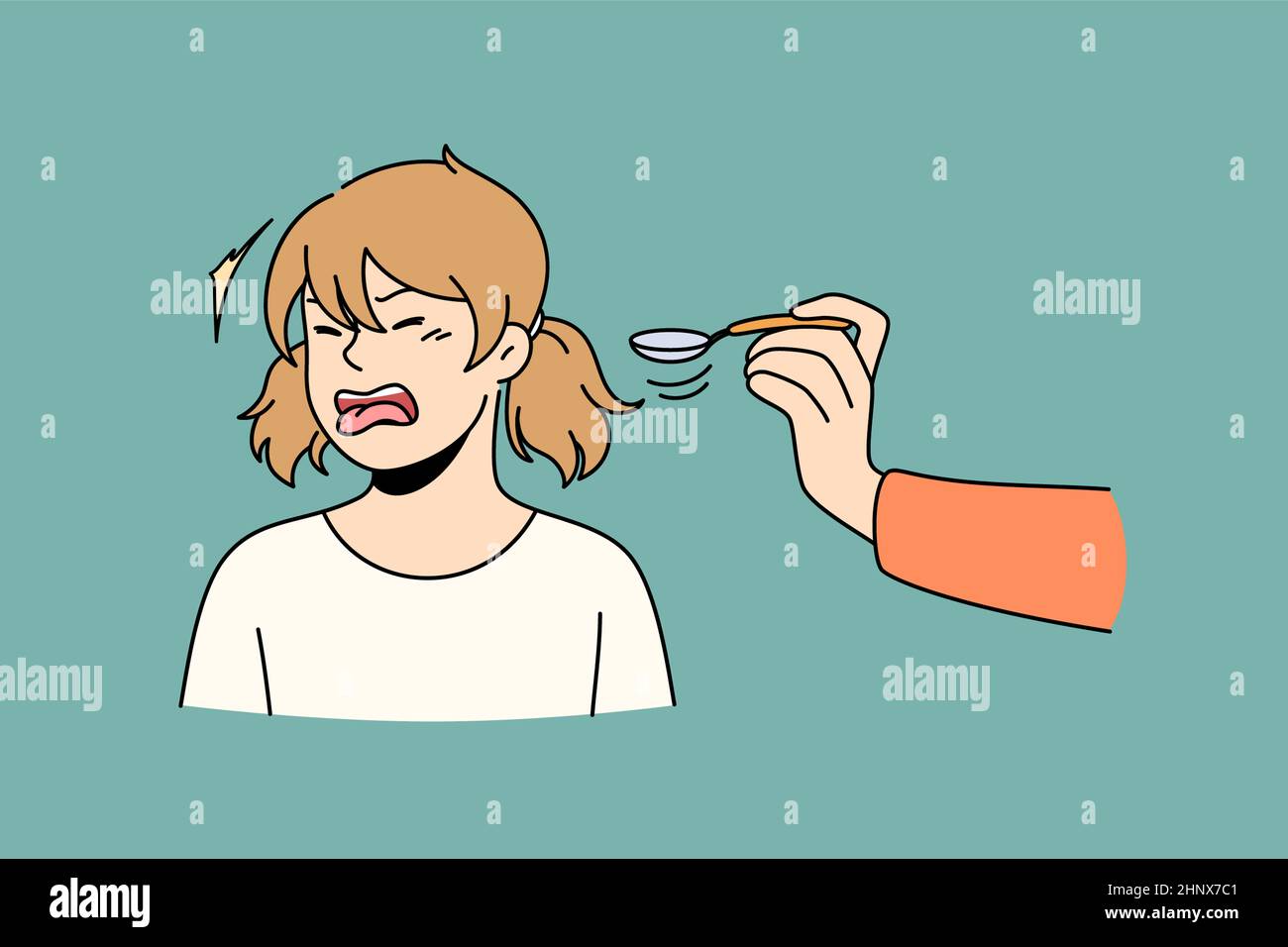 Problems with appetite children concept. Irritated stressed small girl ...