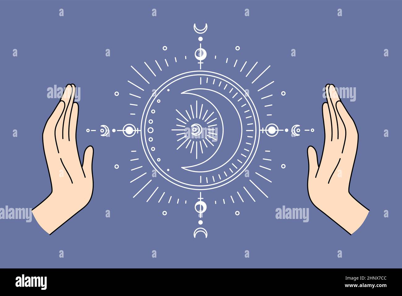 Moon astrology sign system concept. Human hands and moon oriental signs ...