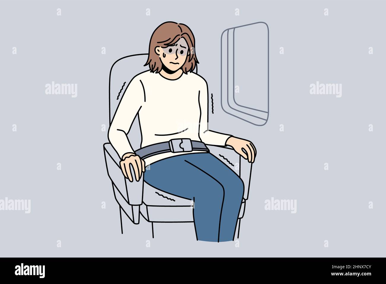 Aerophobia and being afraid of flights concept. Young stressed woman ...