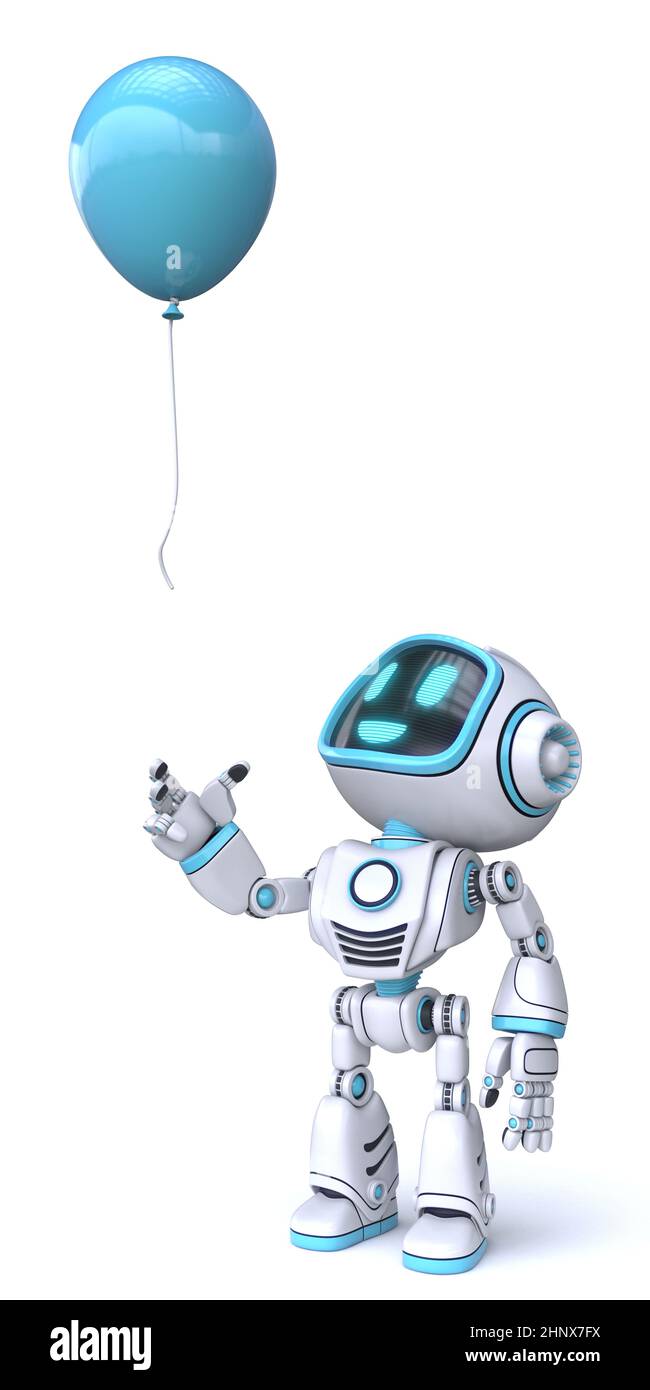 Cute blue robot look at flying balloon 3D rendering illustration ...