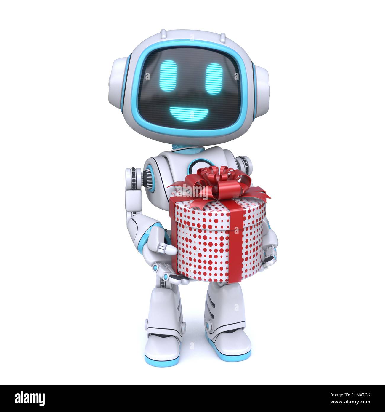 Cute blue robot giving git box 3D rendering illustration isolated on ...