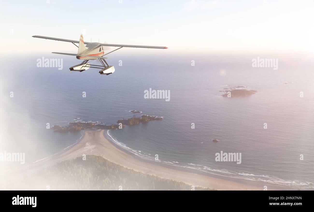 Seaplane Flying over the West Coast Pacific Ocean at sunset Stock Photo ...