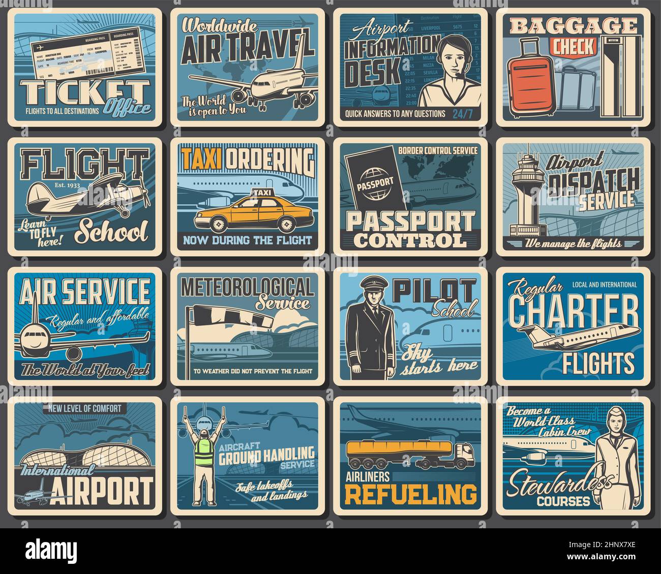 Aviation services vector, retro posters, ticket office, charter flights ...
