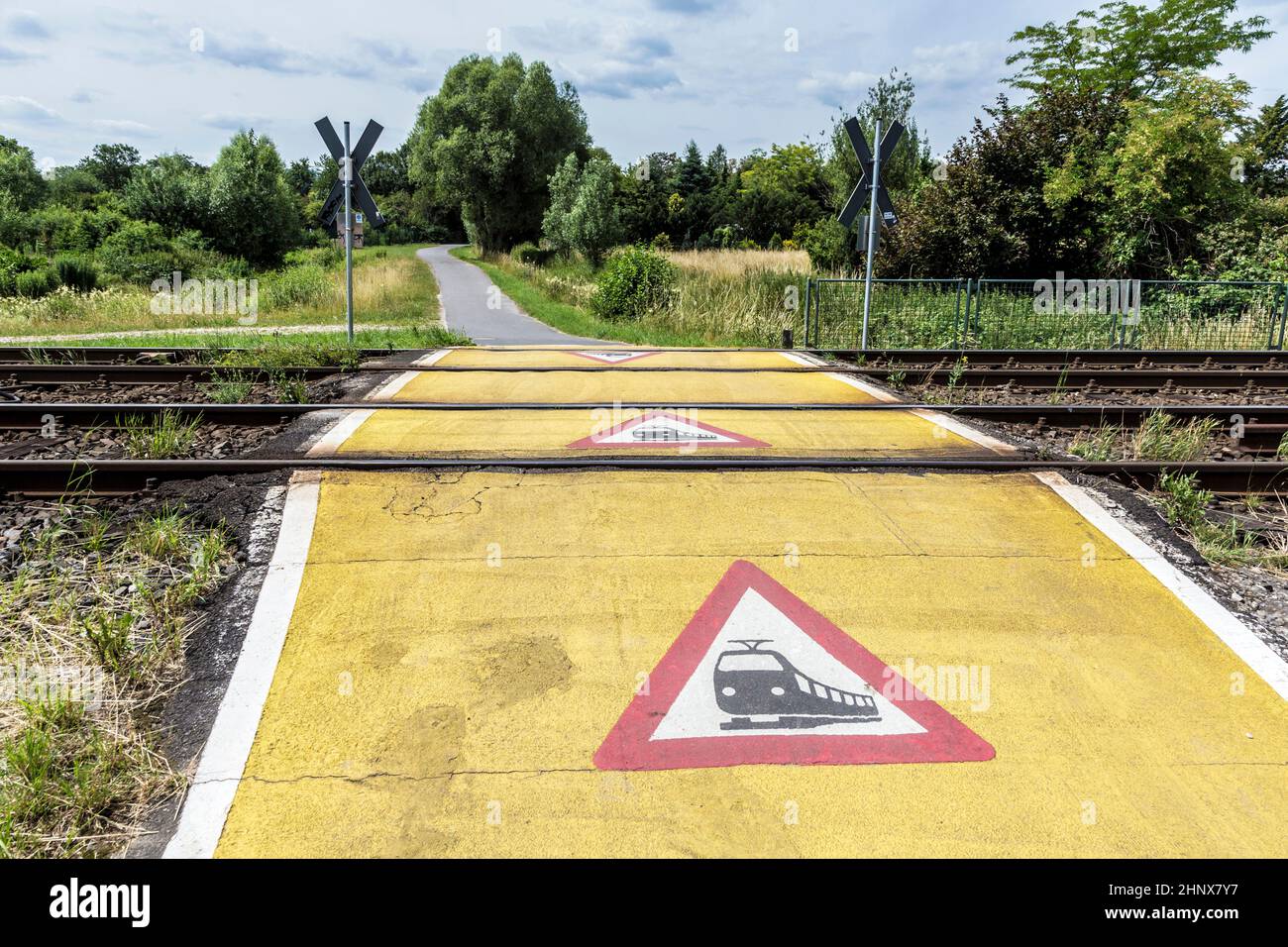train warning sign at a railroad crossing for pedestrians Stock Photo ...