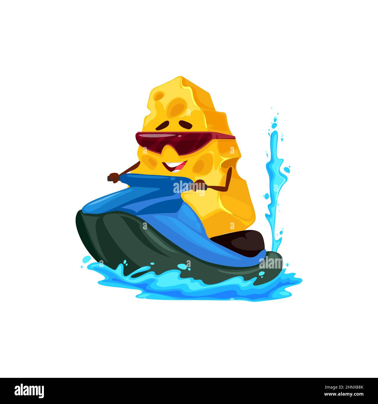 Cheese character on jet ski, milk food vector personage water sport and ...