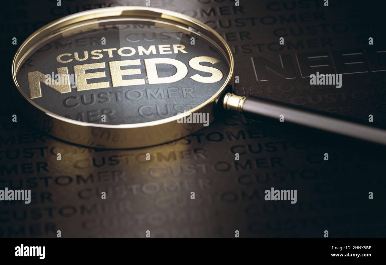 Magnifying glass over the text customer needs written in golden letters ...