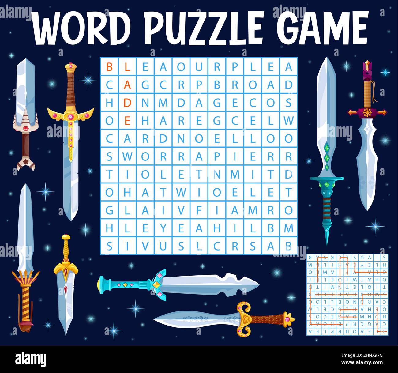 Fantasy blades, swords and magic daggers on word search puzzle game ...