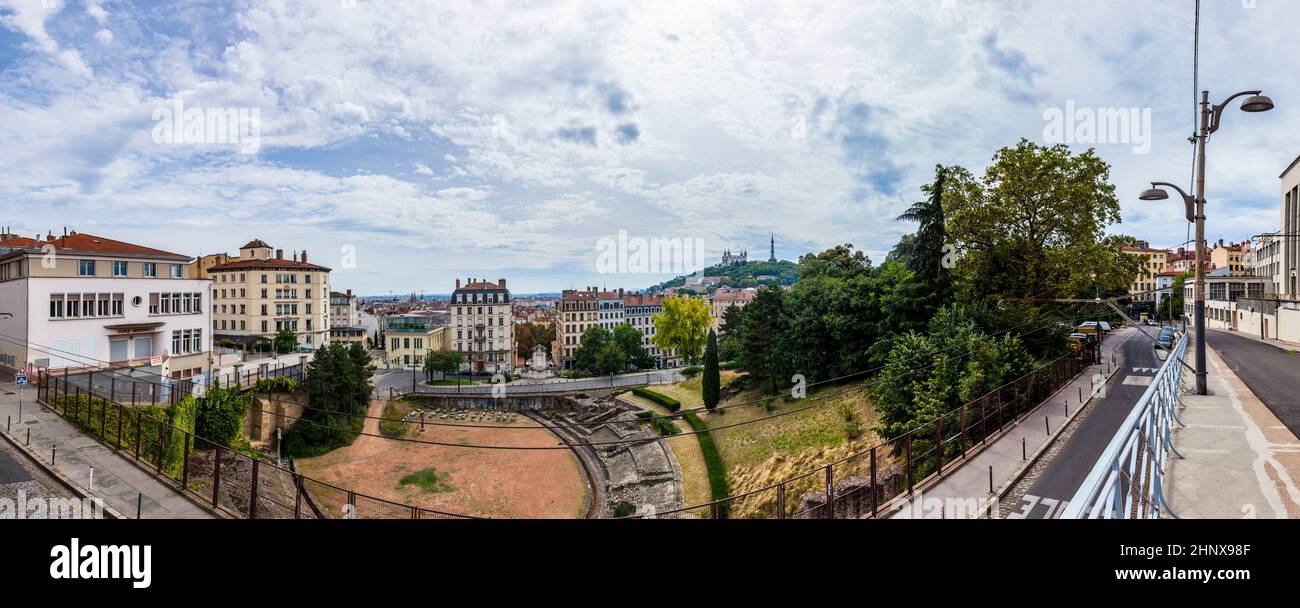 panoramique view to Lyon with old roman ruins and cathedral on hill ...