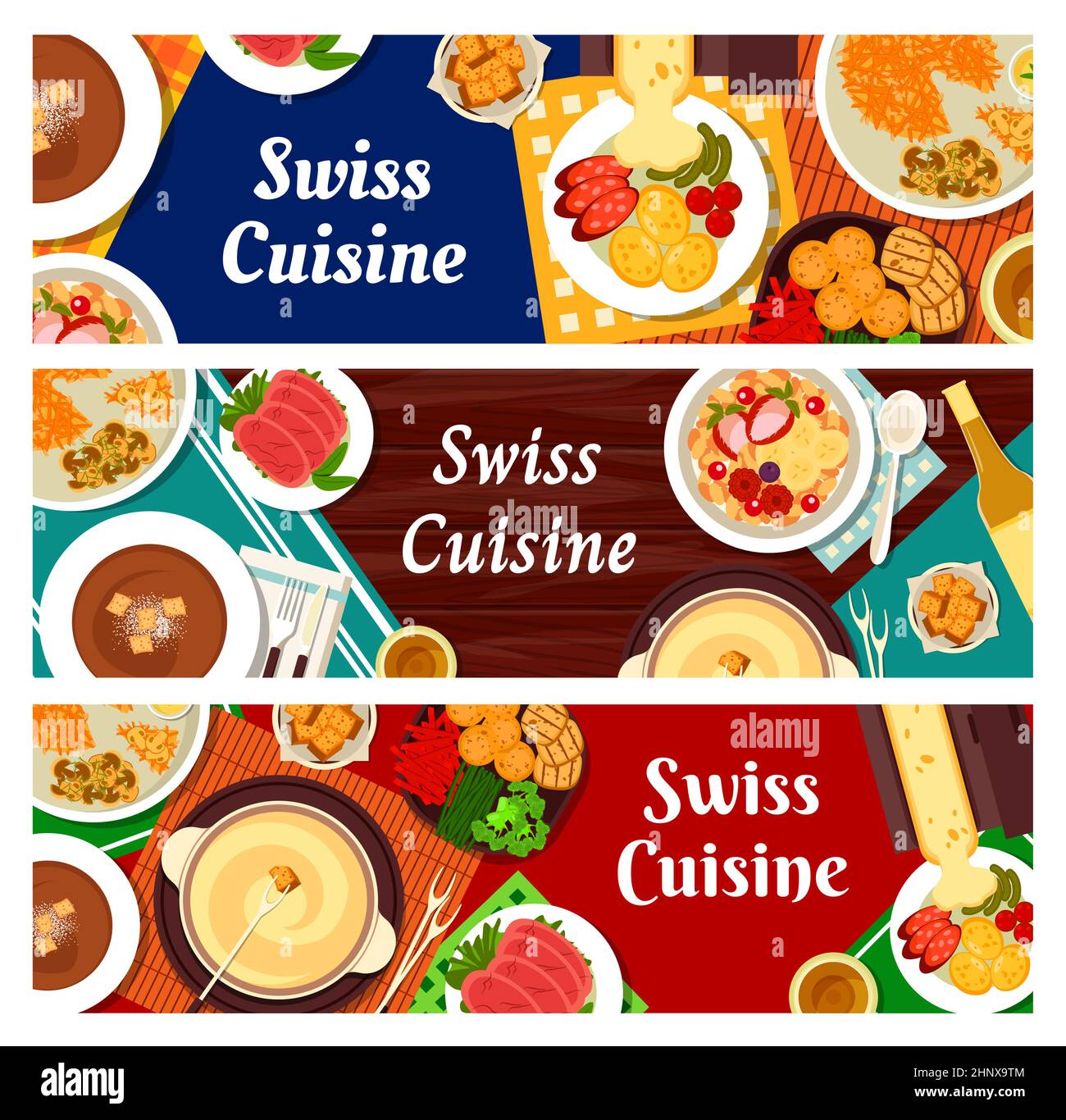 Swiss cuisine banners, food dishes for lunch and dinner meals, vector ...