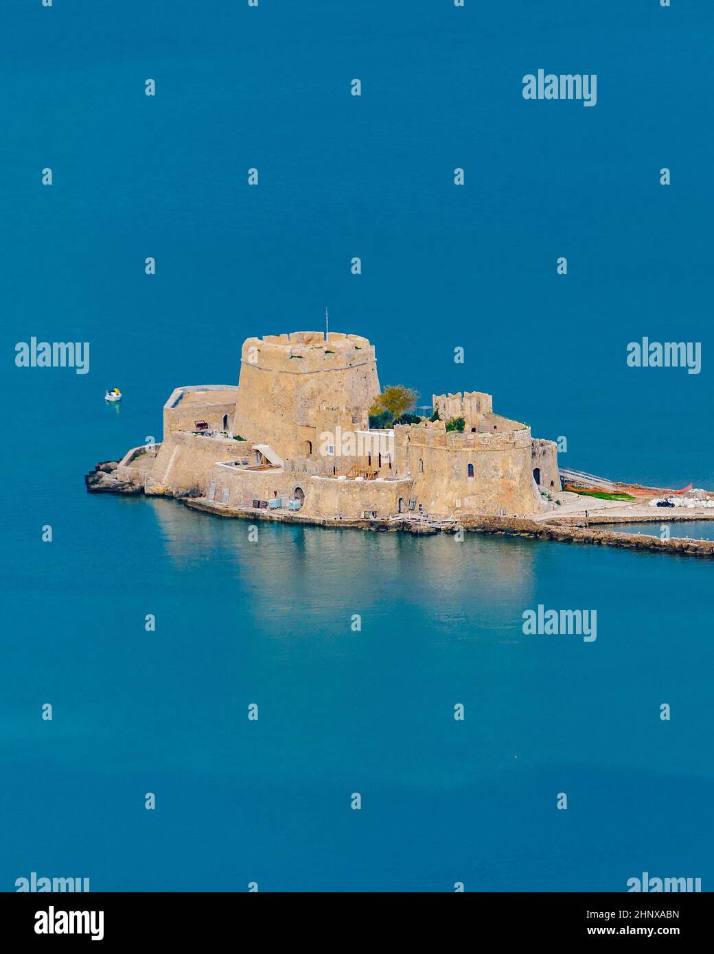 Aerial view from palamidi fort of bourtzi castle, nafplion, peloponnese ...
