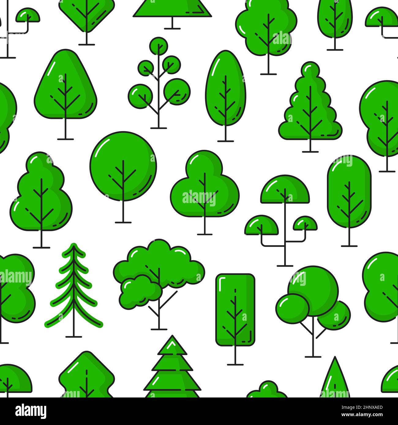 Forest, garden and park green trees vector seamless pattern. Outline ...