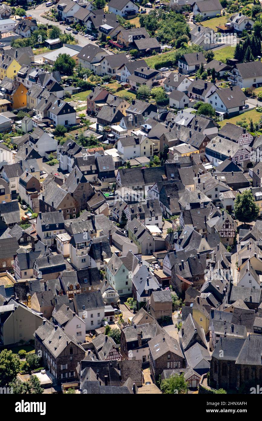 aerial of village Bremm at the Moselle river with old half timbered ...
