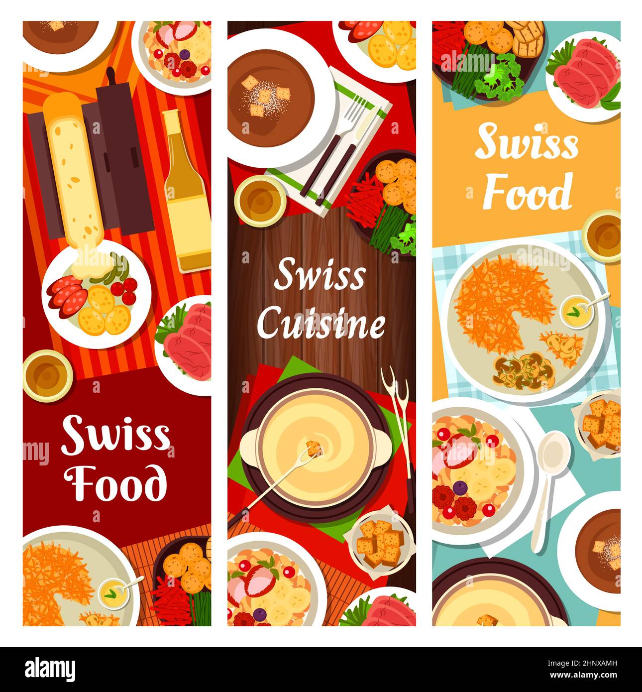 Swiss cuisine banners, Switzerland food dishes and meals, vector ...