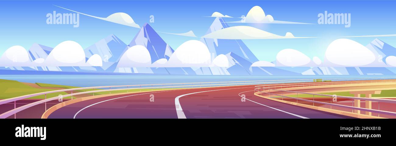 Overpass, highway, empty road at summer landscape with mountains and ...