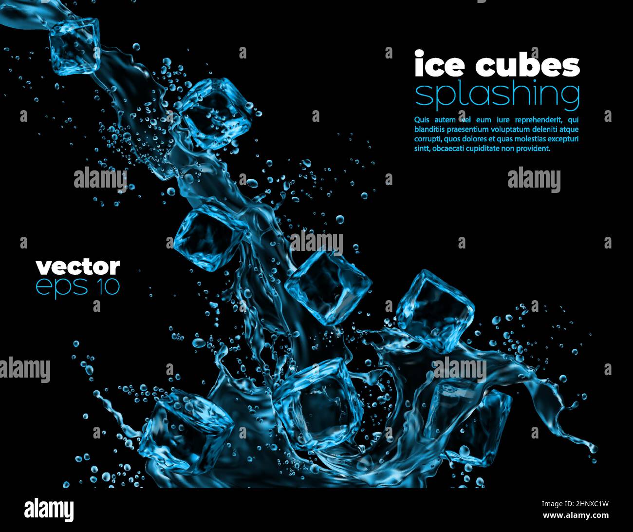 Ice cubes in blue water wave splash. Transparent water and frozen ice crystal cubes. Cooled ...