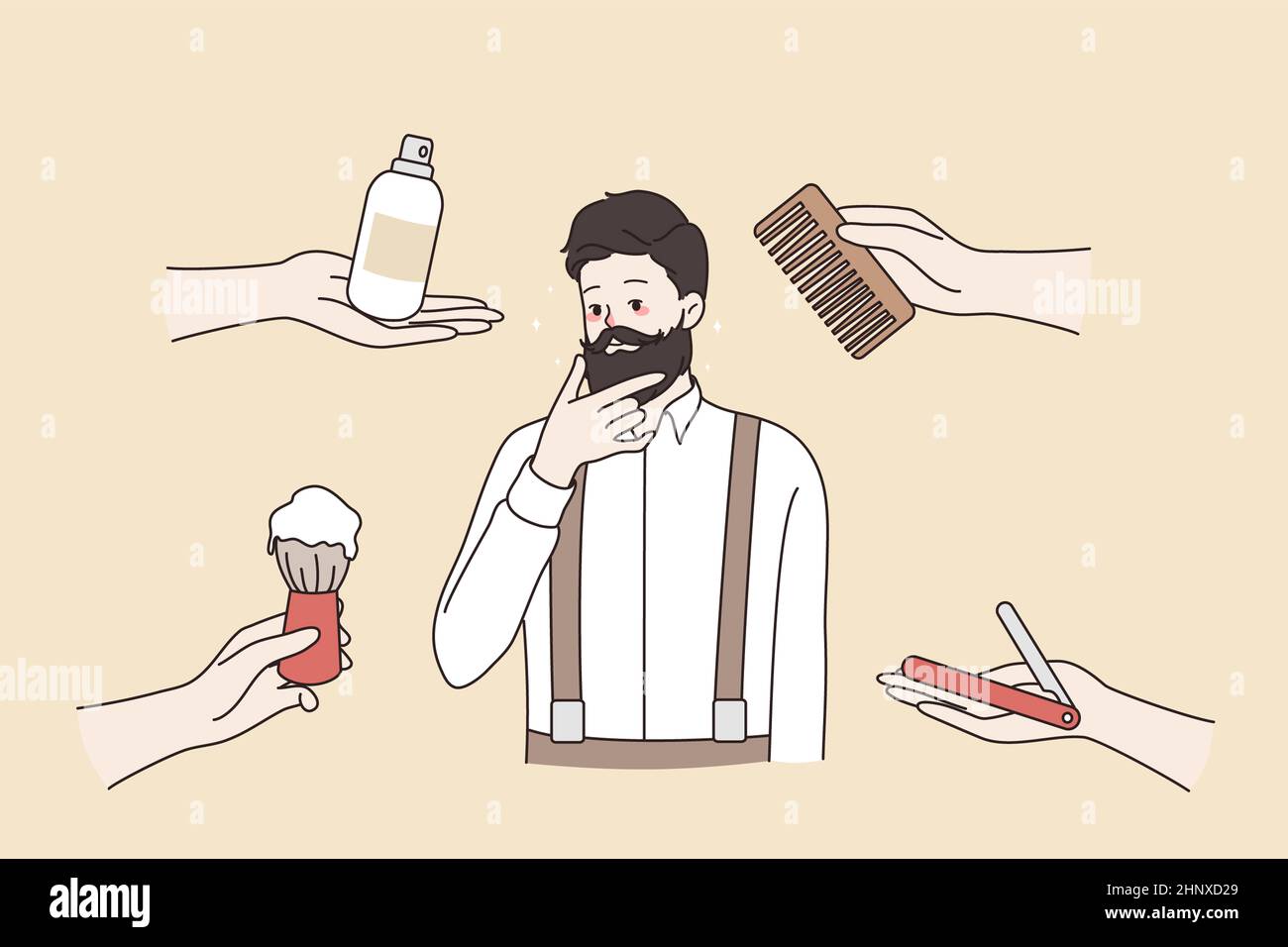 Pensive Caucasian bearded man thinking of beard hair care in beauty ...