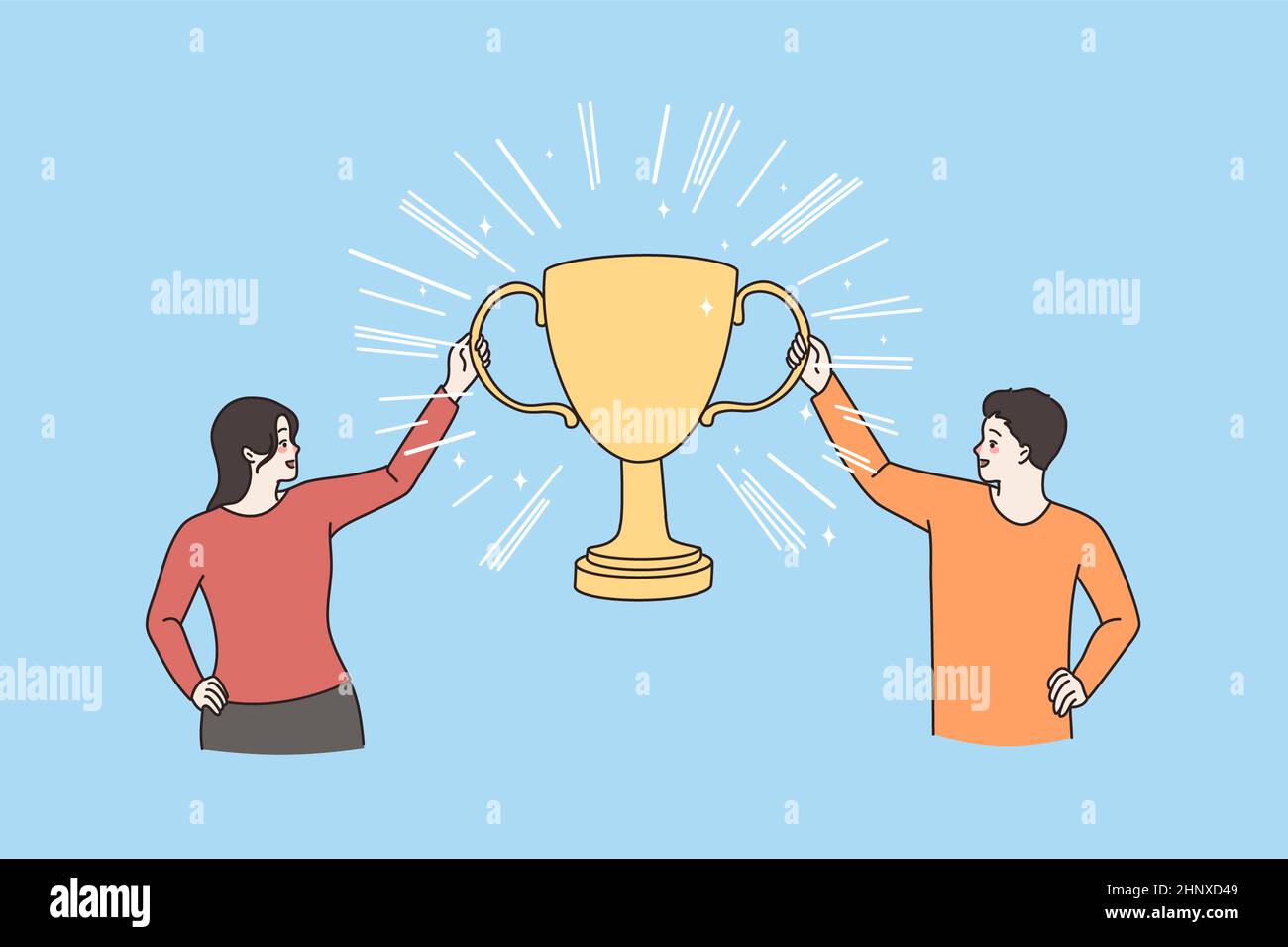 Happy people hold golden cup prize celebrate shared goal achievement ...