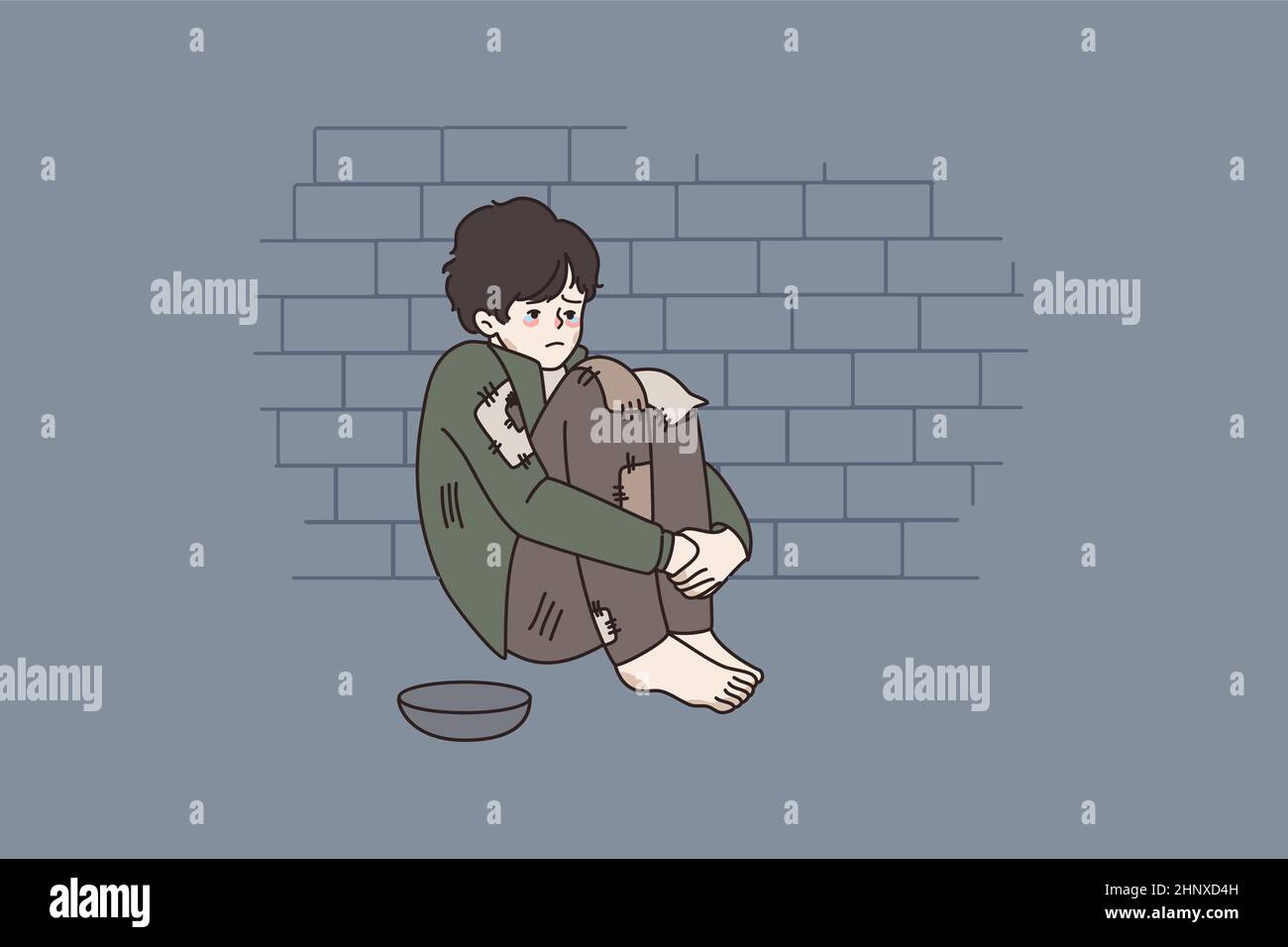 Poor unhappy small boy begging on street with empty bowl. Upset little ...