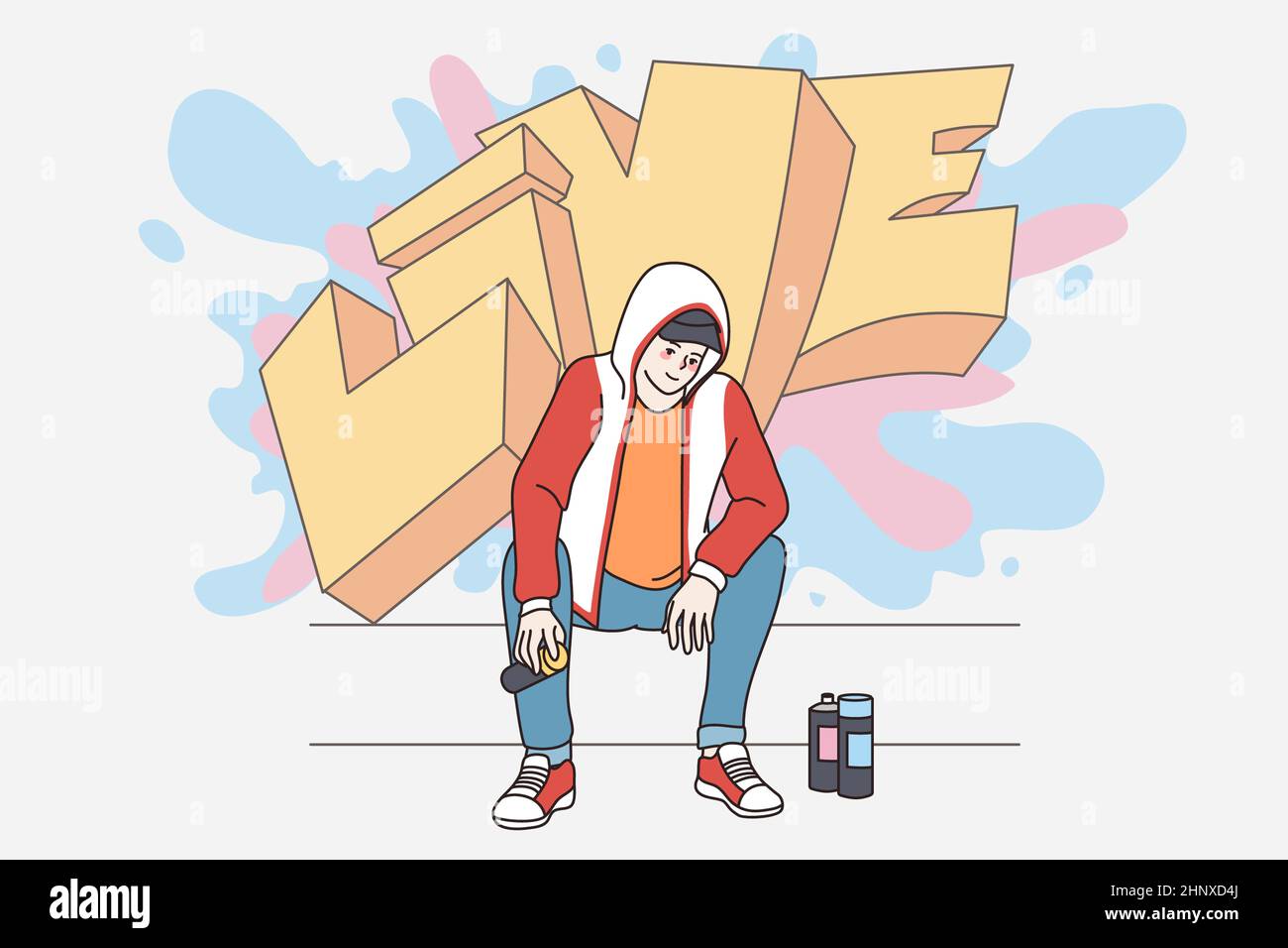 Smiling young man drawing painting graffiti with spray paint on street ...