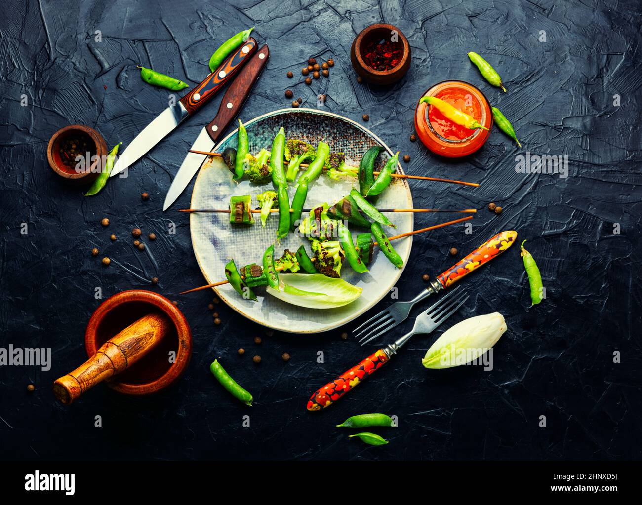 Vegetable kebab with broccoli, green peas and okra.Roasted vegetables ...