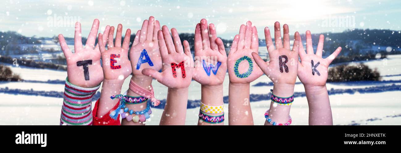 Children Hands Building Colorful English Word Teamwork. Snowy Winter ...