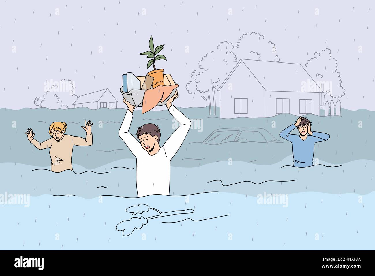 Flood and damaged estate concept. Group of unhappy stressed people ...