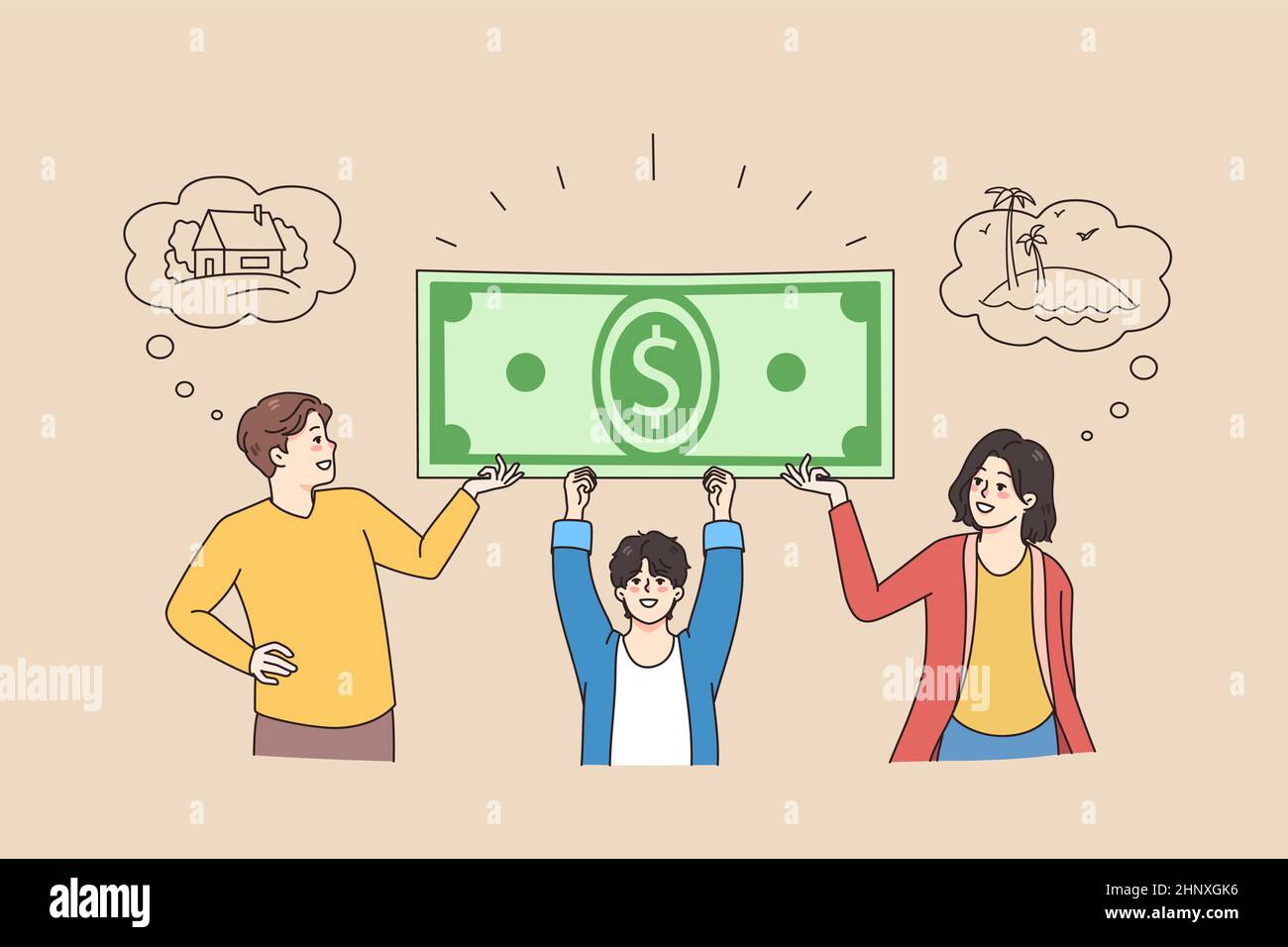Happy family with kid carry dollar banknote saving for goal ...