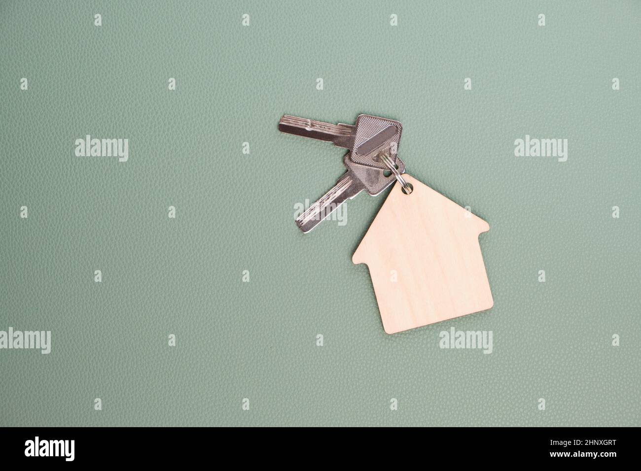 Keychain in form house with keys green background.Concept buying house ...
