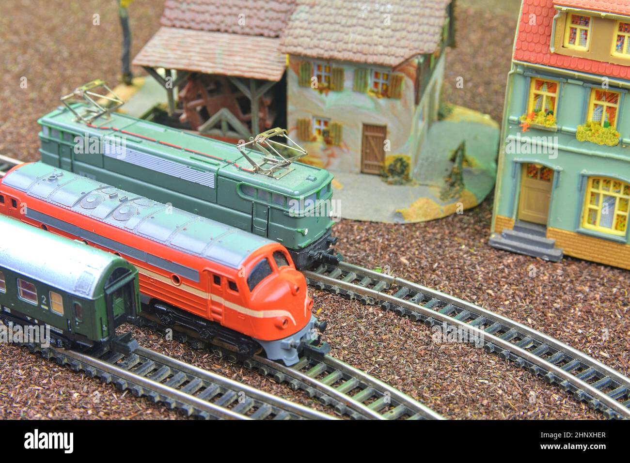 Train hobby models on the model railway. Close-up of model railway ...