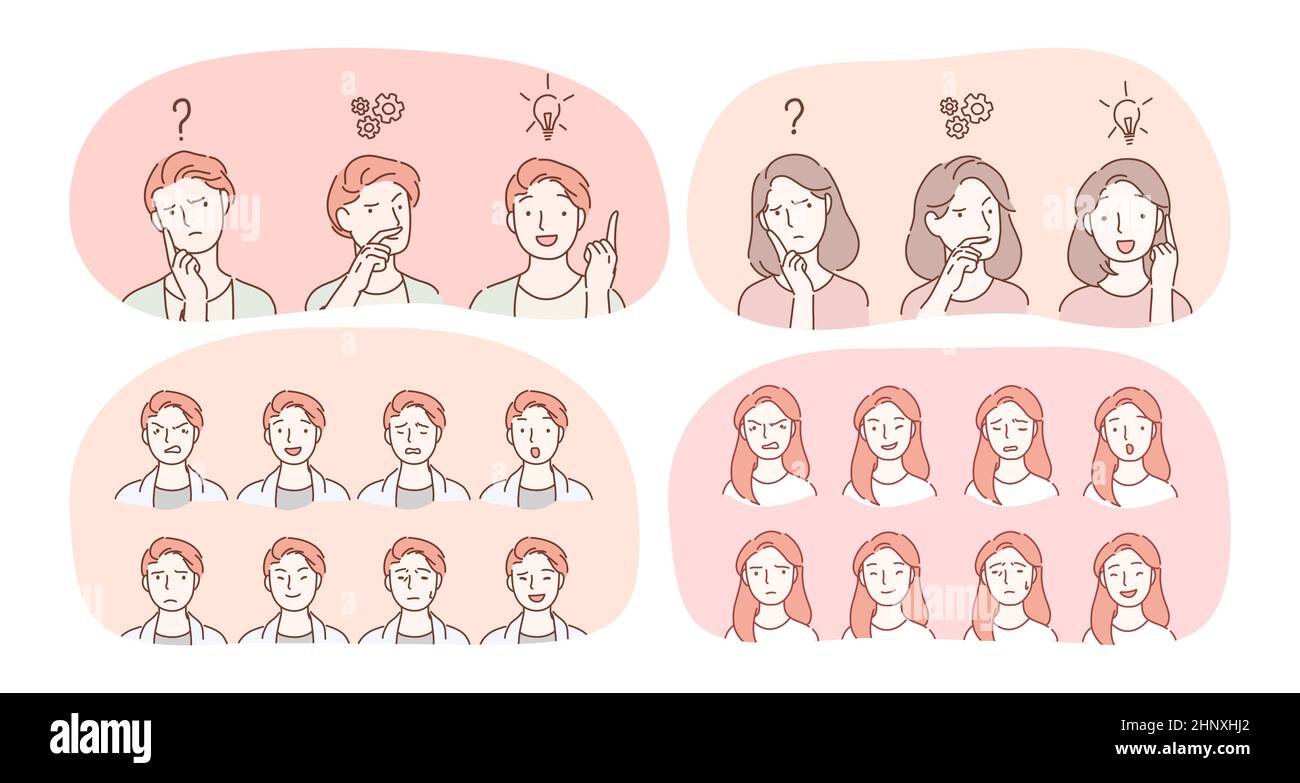 Emotions, facial expression variety concept. Male and female face with ...