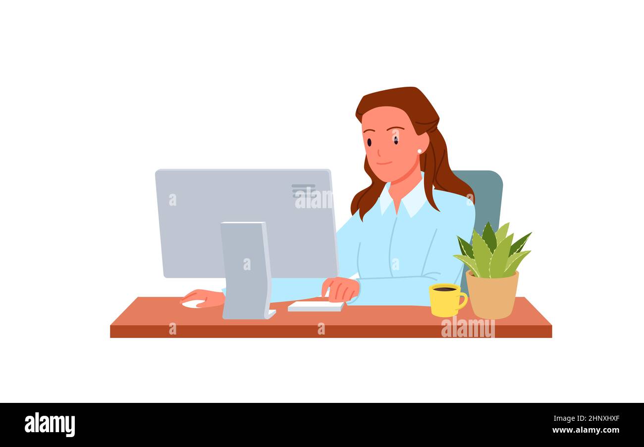 Young cute woman working at desktop computer Stock Vector Image & Art ...