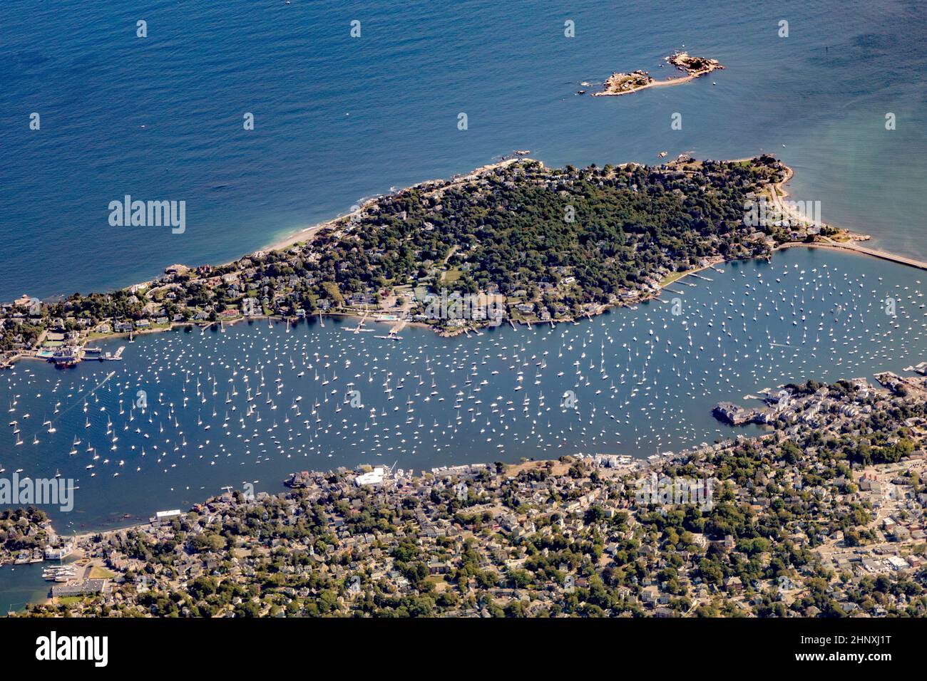 Marblehead harbor, aerial, MA with Marblehead Neck in foreground and ...