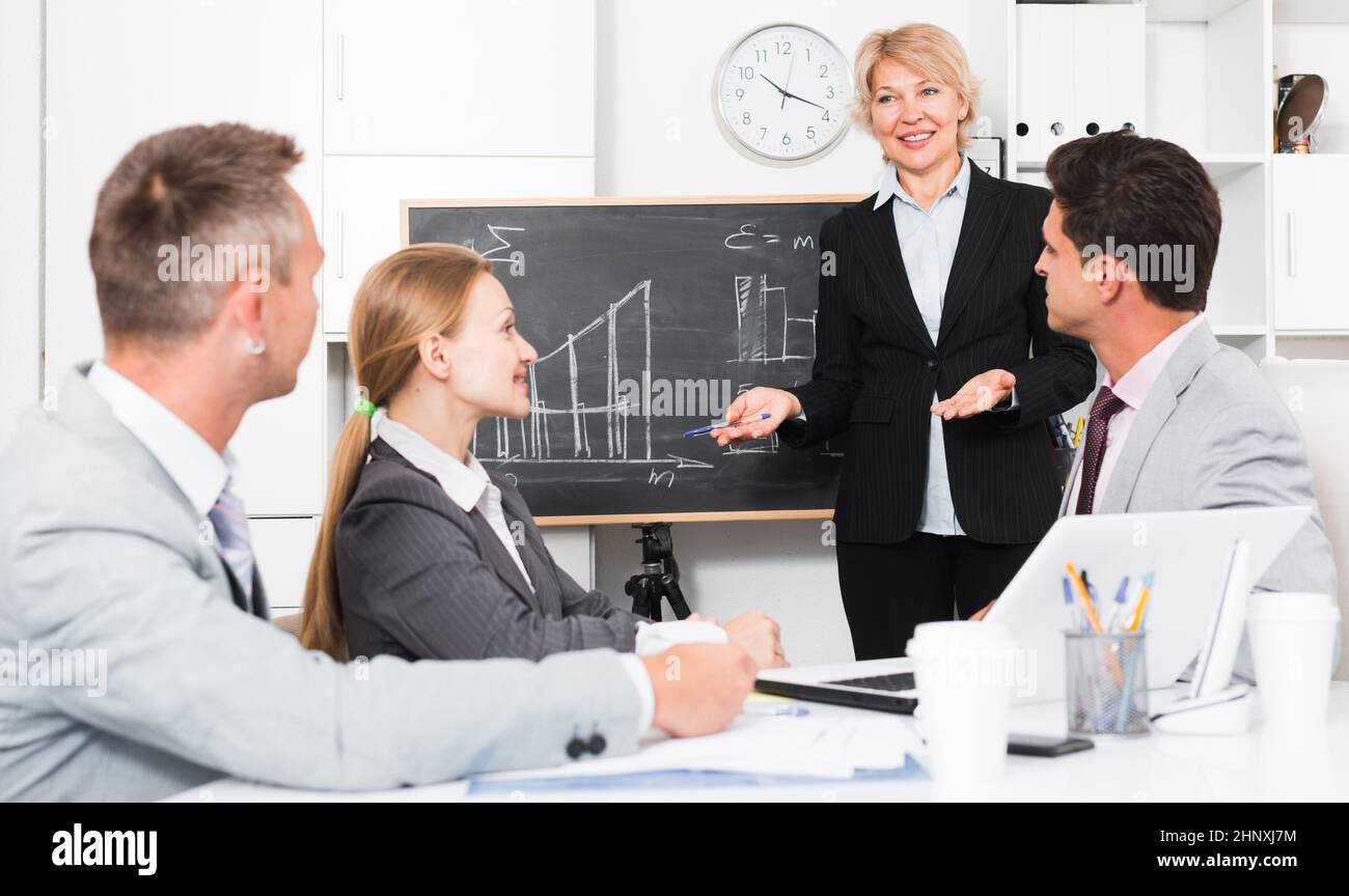 Business woman presenting business strategy to partners Stock Photo - Alamy