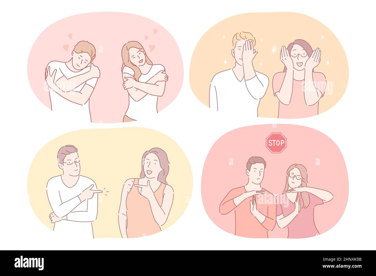 Couple expressing different emotions and signs with hands concept ...