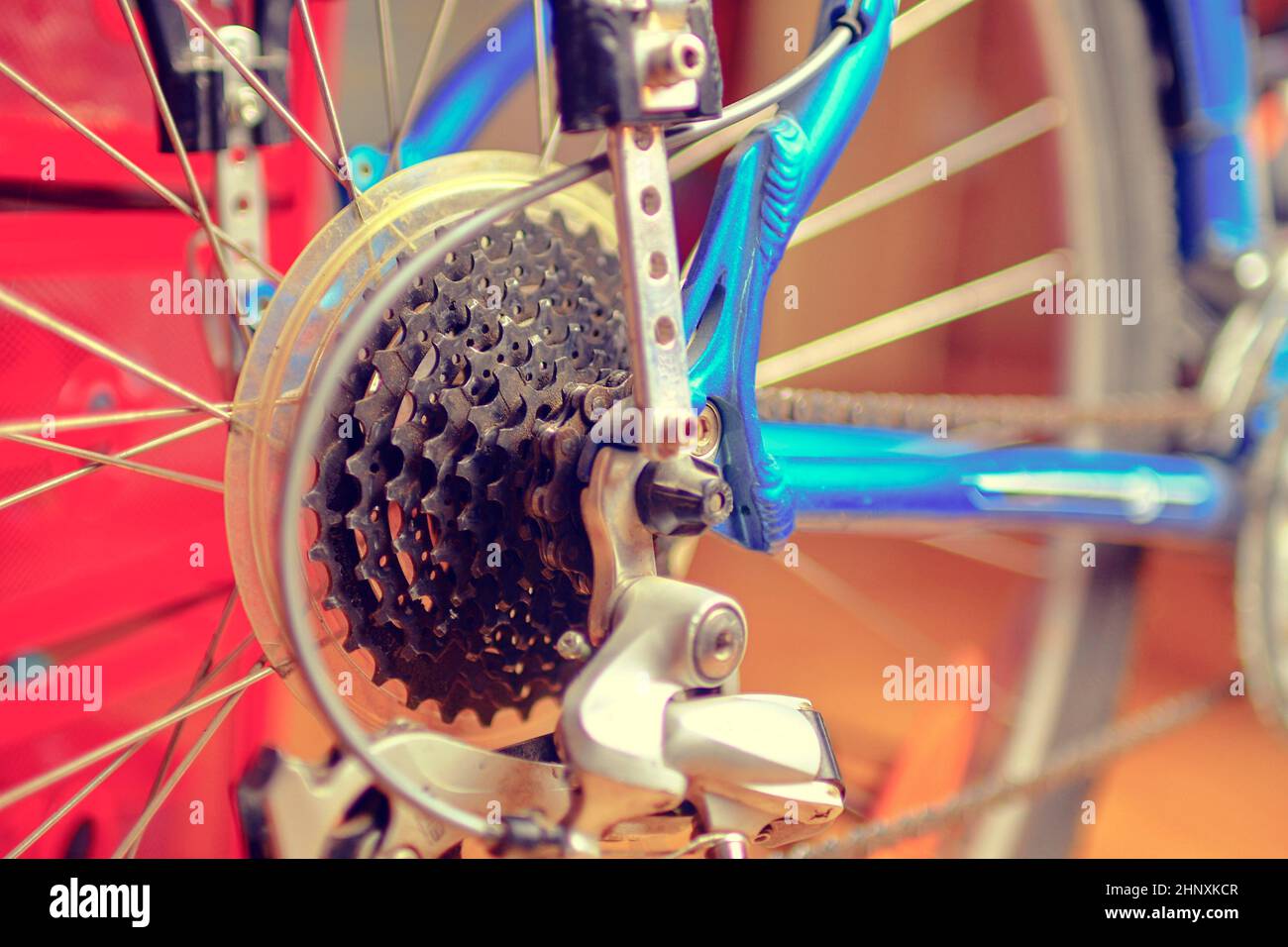 Detail of change- speed on bicycle. Bike speed changing assembly. Rear ...