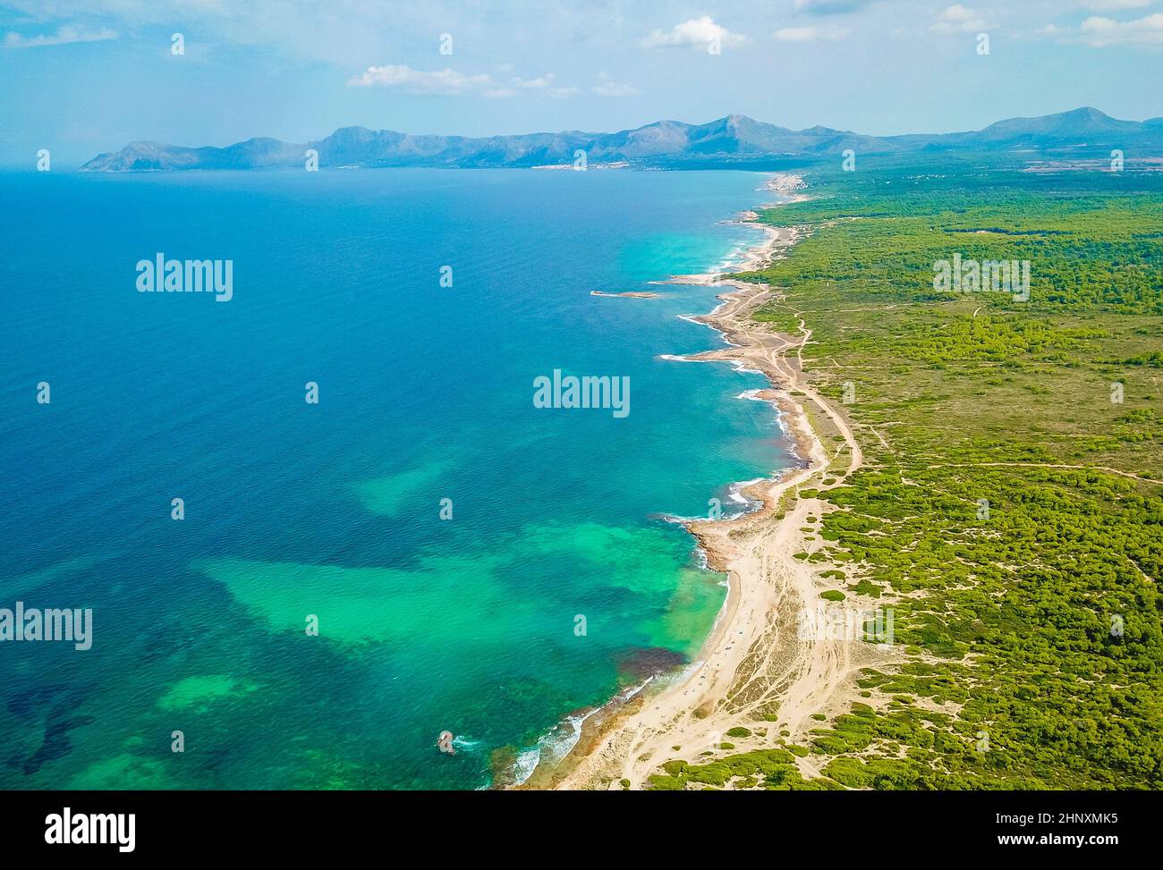 Natural coastal and beach landscape drone panorama with turquoise water ...