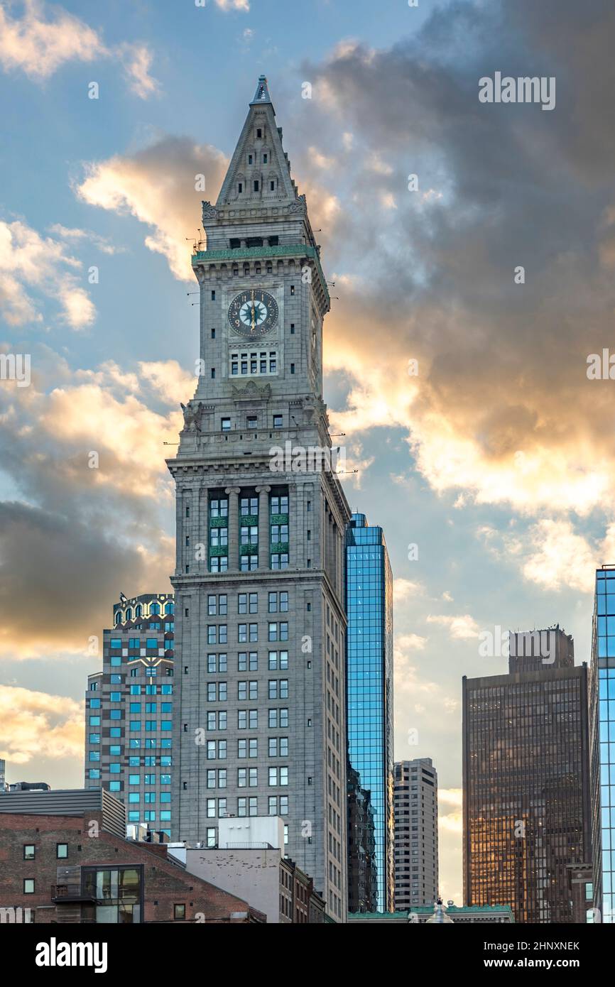 custom house clock tower in Boston Massachusetts in sunset, USA Stock ...