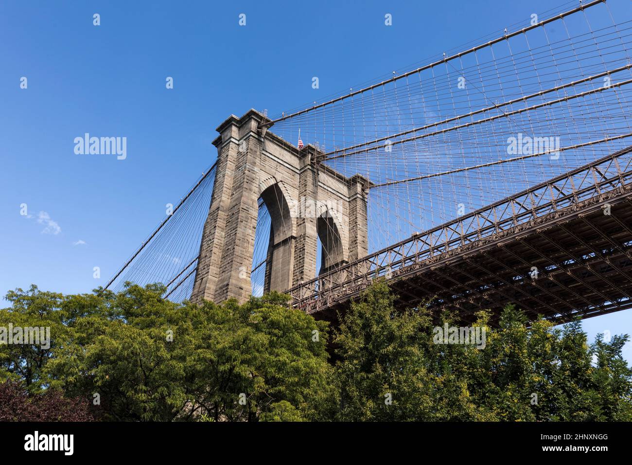 famous Brooklyn Bridge in New York with trees Stock Photo - Alamy