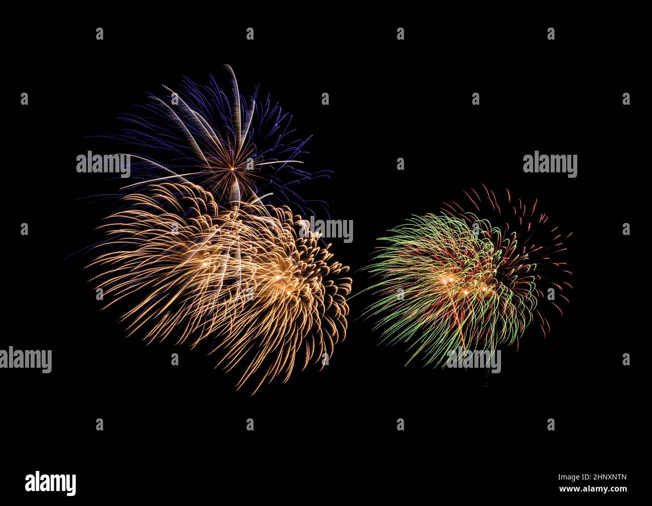 Colorful exploded fireworks display, isolated on black background Stock ...