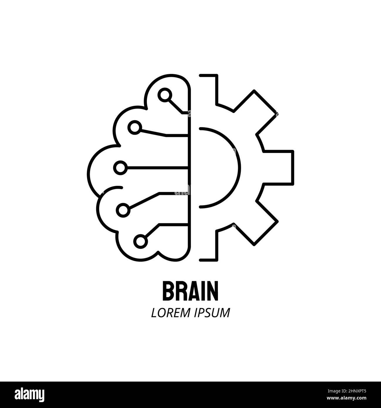 Artificial intelligence and machine learning line icon. Brain and gear ...
