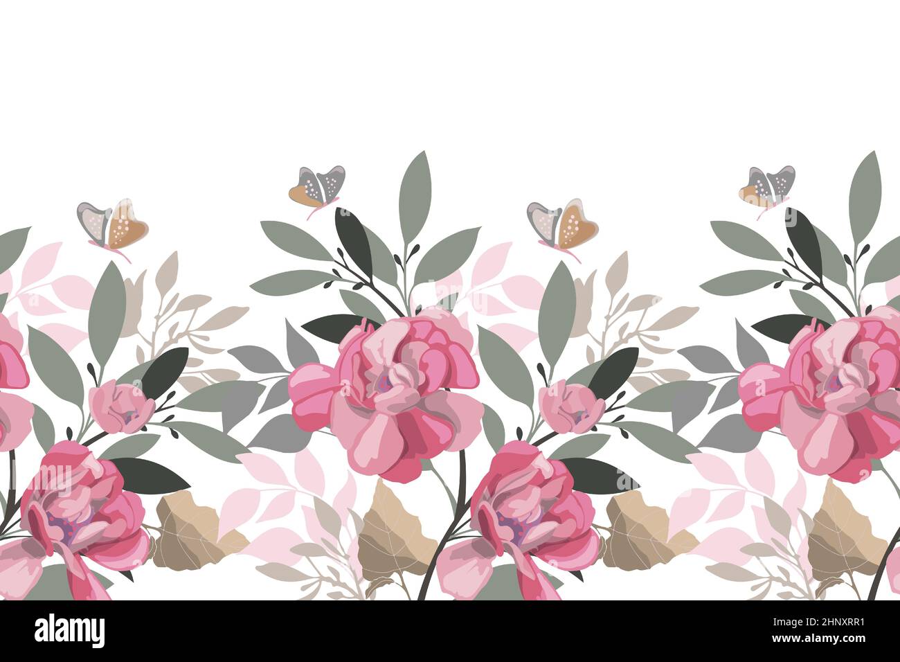 Vector floral seamless panoramic pattern. Pink flowers and butterflies ...
