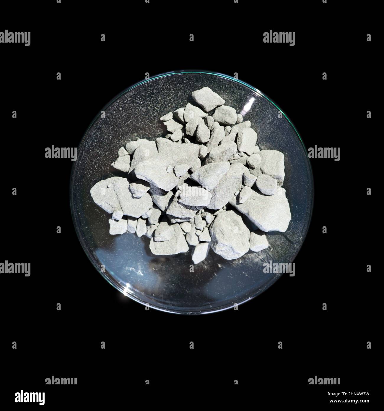 Aluminium powder in Chemical Watch Glass. Close up chemical ingredient ...