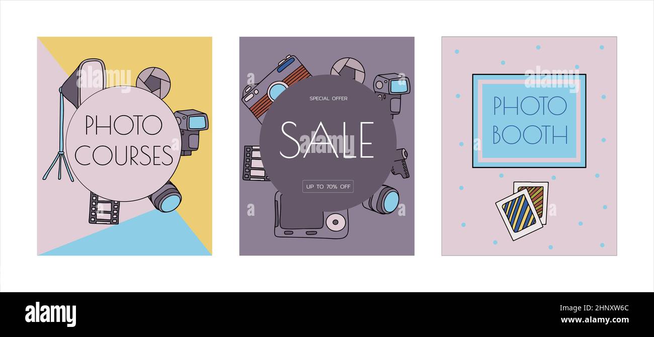 Vector photo cameras sketch banners. Hand drawn style. Different types ...