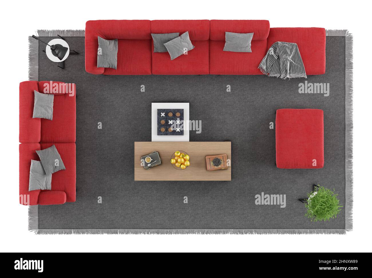 High angle view of red sofas and coffee table on black carpet isolated ...